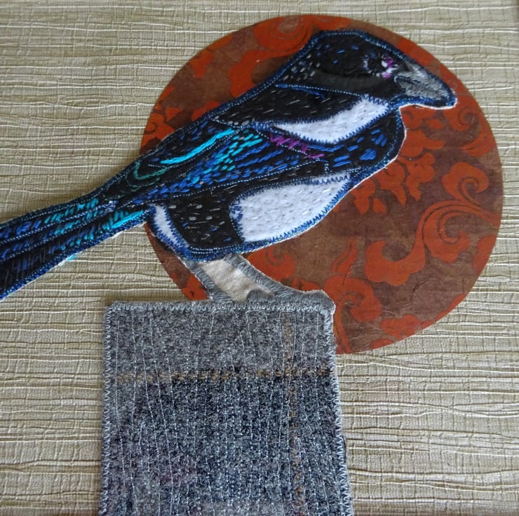 Embroidered collage magpie framed picture - Folksy