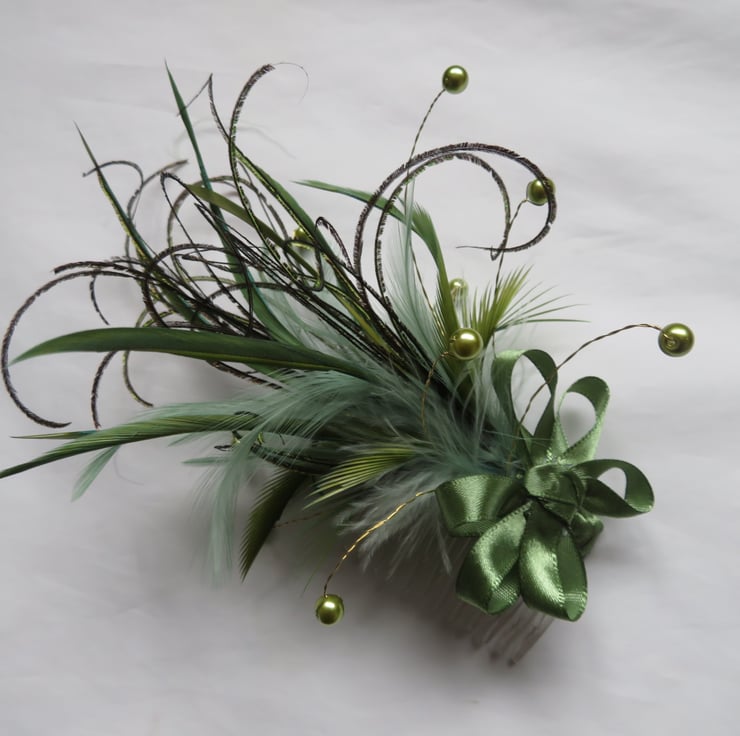 Olive Green Feather & Gold Feather Fascinator - Folksy