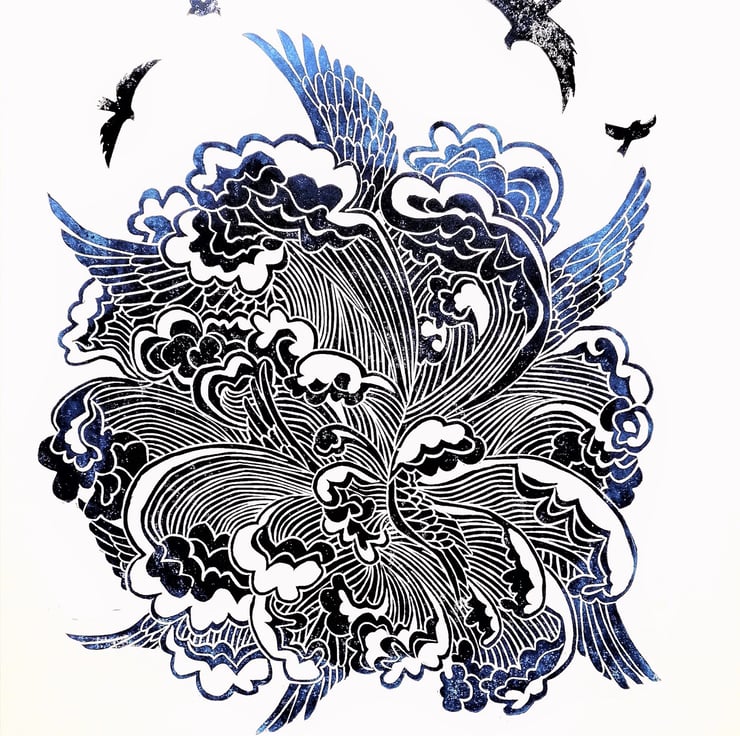 Waves, wings & flying birds-Lino print - Folksy