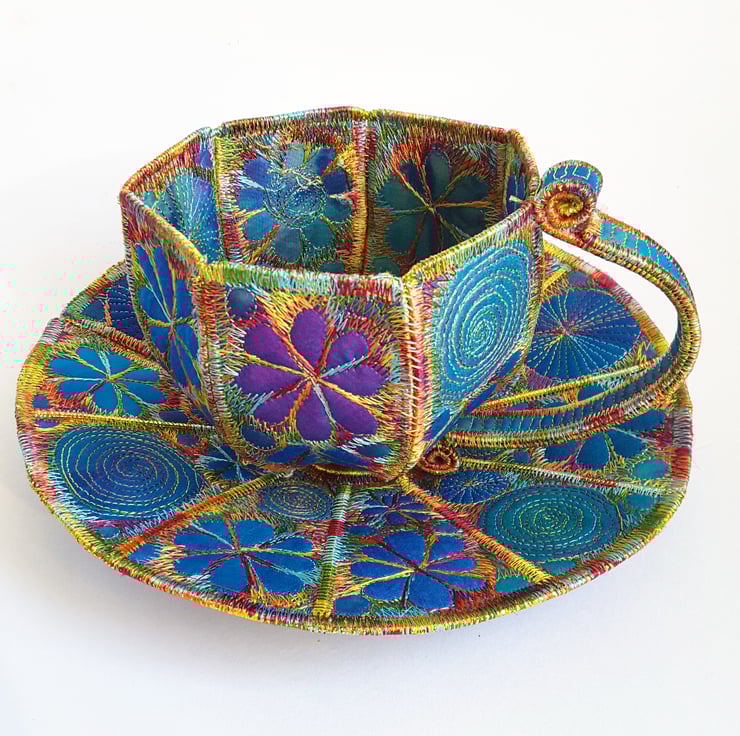 3D Tea Cup and Saucer Free Machine Embroidery T... - Folksy