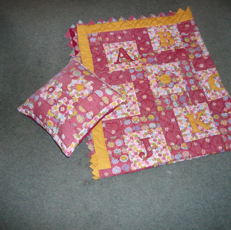 ABC Vintage look quilt & cushion - Folksy