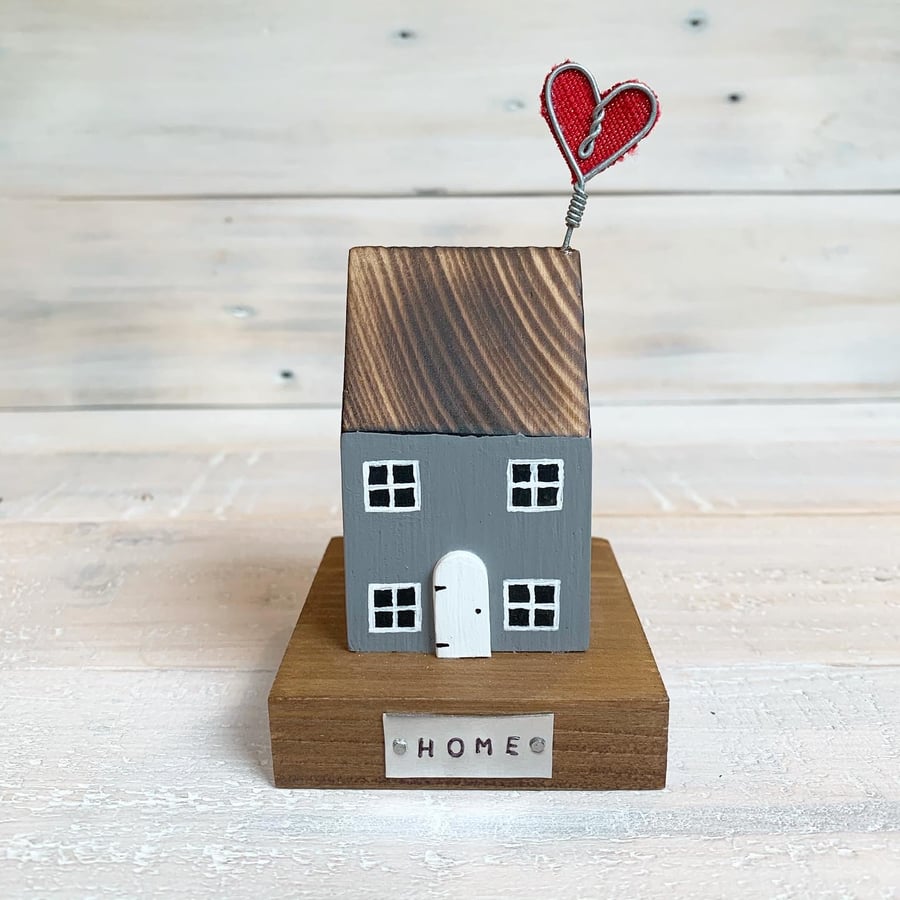 Handmade Wooden Cottage with Heart (Grey) - Folksy
