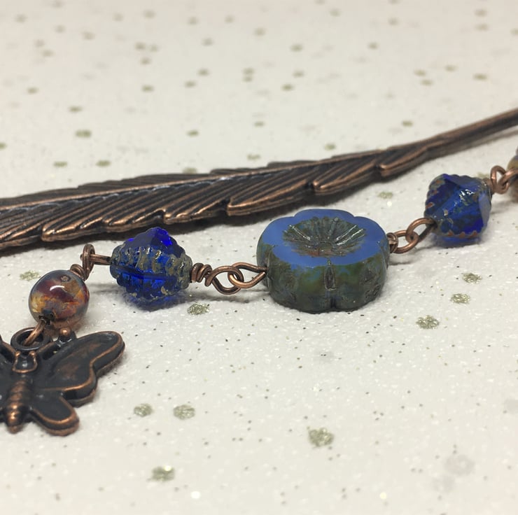 Copper feather blue beaded bookmark - Folksy