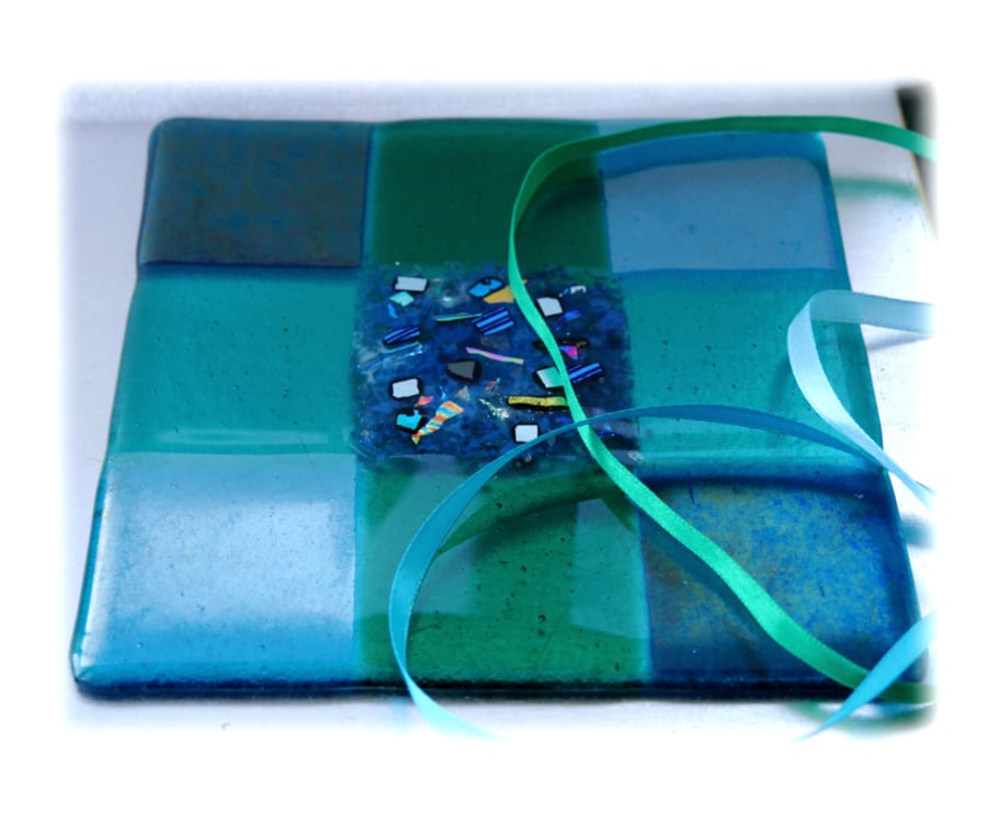 Fused Glass Trivet Teal Trivet 16cm Dichroic 010 - Folksy