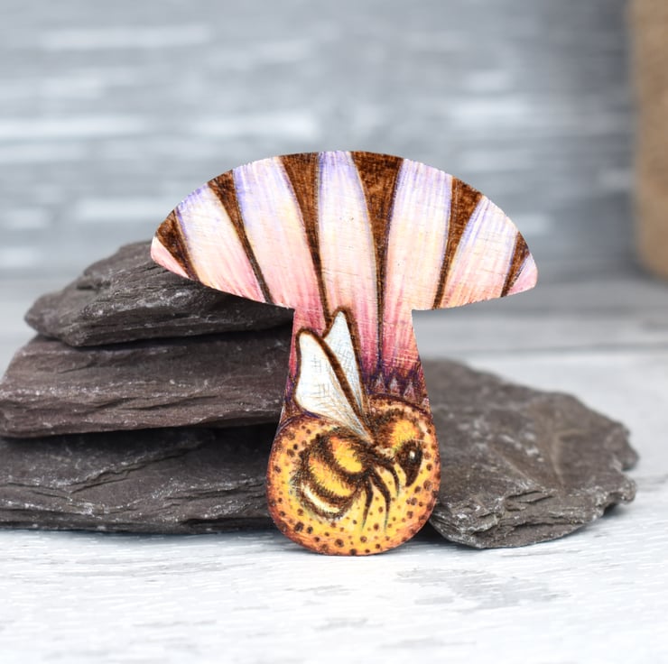 Bee flower toadstool Brooch hand burned using p... - Folksy