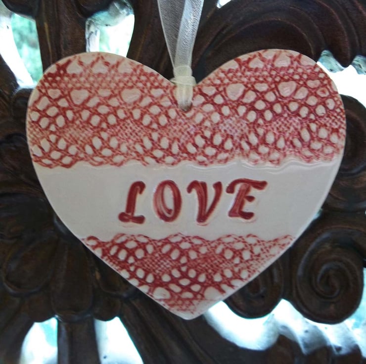 SALE Lace print LOVE ceramic heart - Folksy