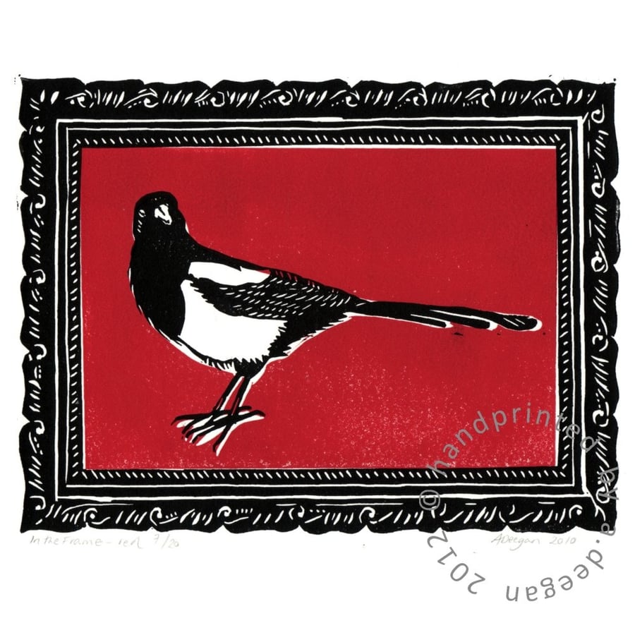 Original lino cut print In the frame in red - Folksy