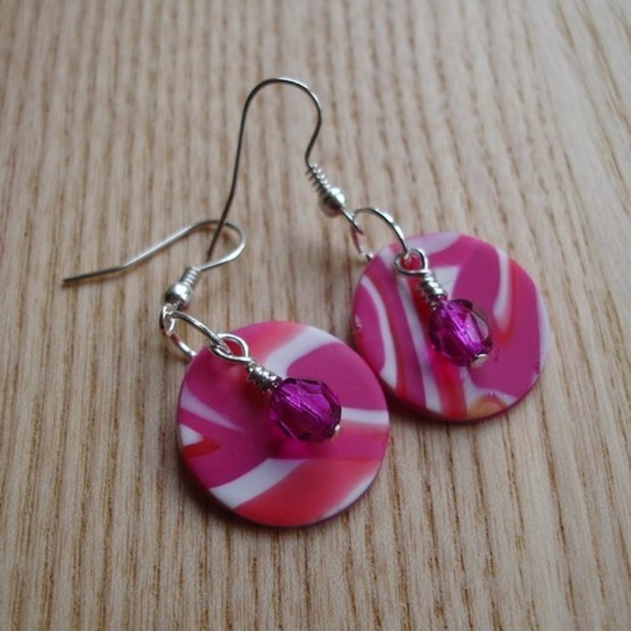 Pink Swirl FIMO Disc Earrings - Folksy