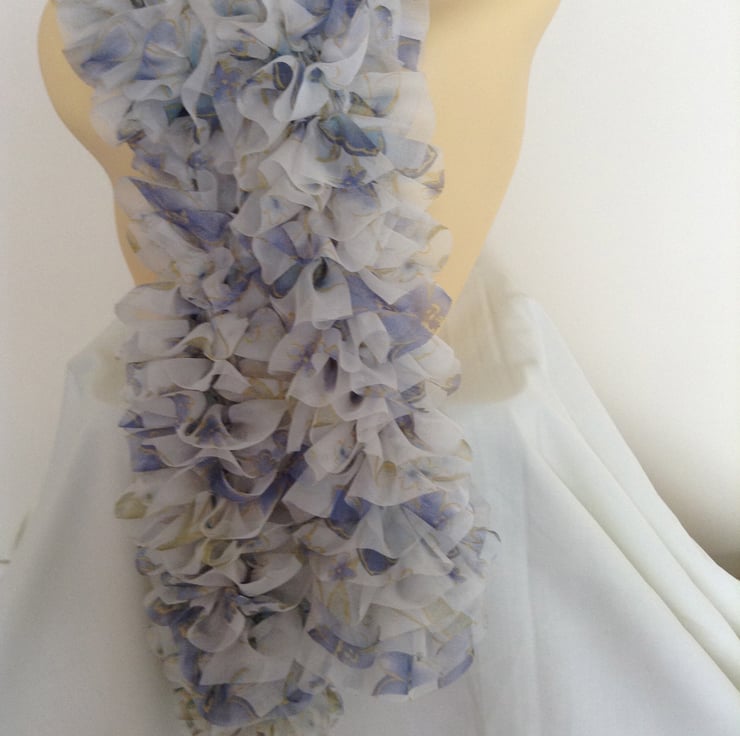 Knitted Frilly Ribbon Scarf in White & Blue - Folksy