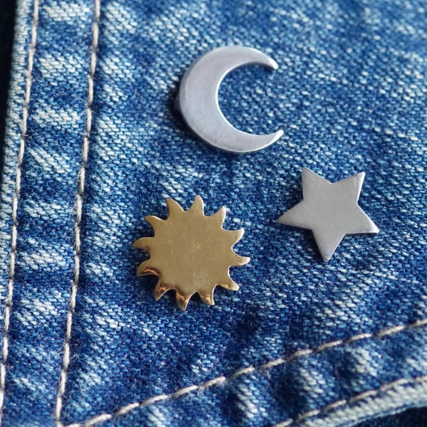 Sun Moon and Star lapel pins set - Handmade Ste... - Folksy