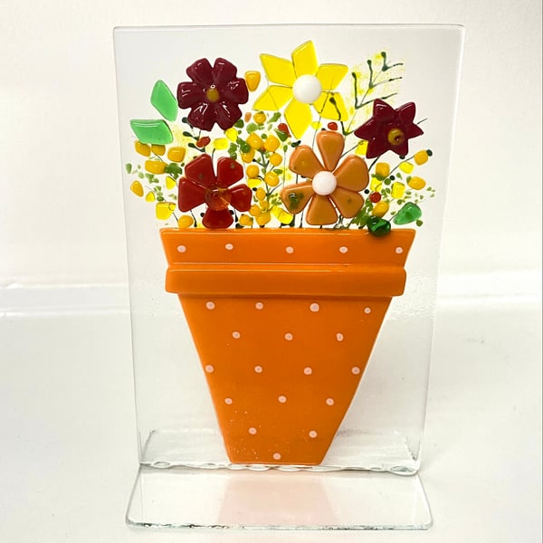 Vibrant orange fused glass flower pot - Folksy