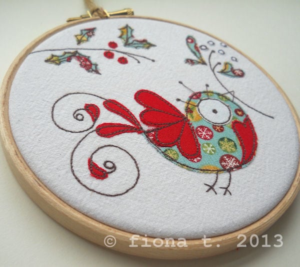 christmas embroidered bird hoop - Folksy