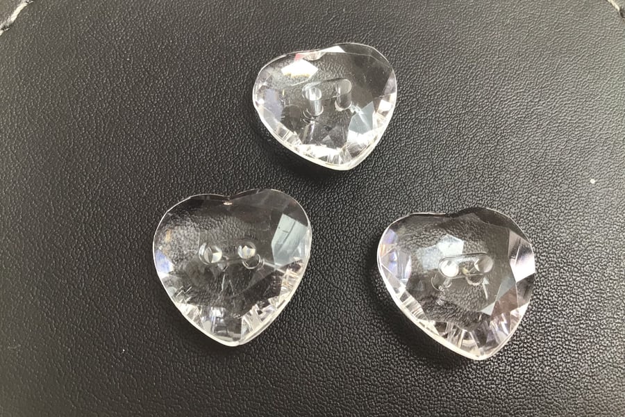 Pack of 3 Clear Faceted Heart Buttons in 3 sizes - Folksy
