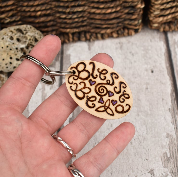 Blessed Be. Pyrography personalised keyring. - Folksy