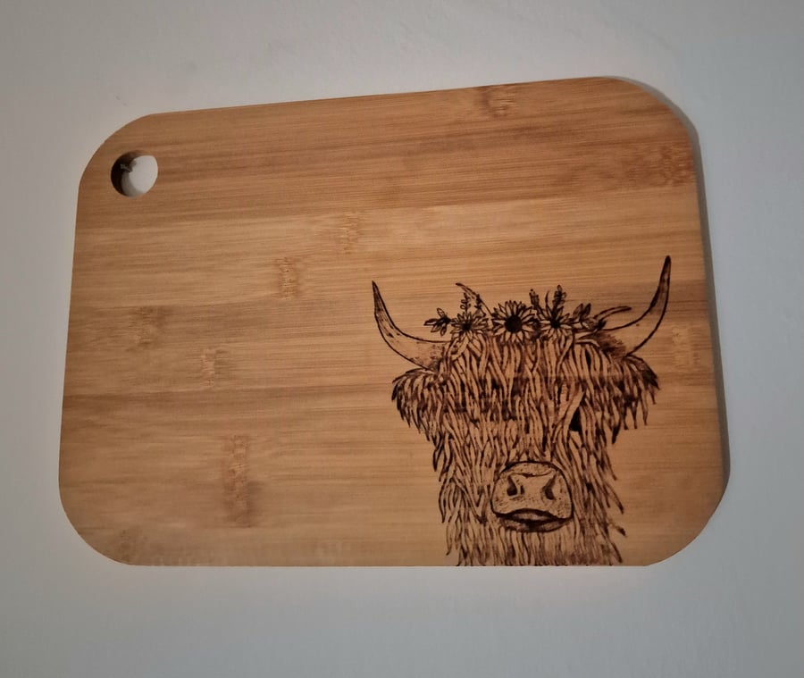 Highland cow chopping board pyrography - Folksy