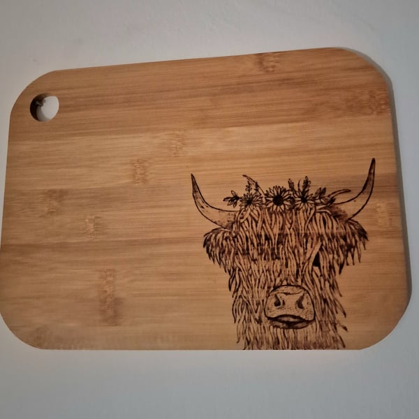 Highland cow chopping board pyrography - Folksy
