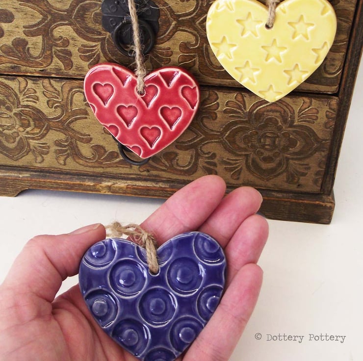 Ceramic Heart decorations set of three pottery ... - Folksy