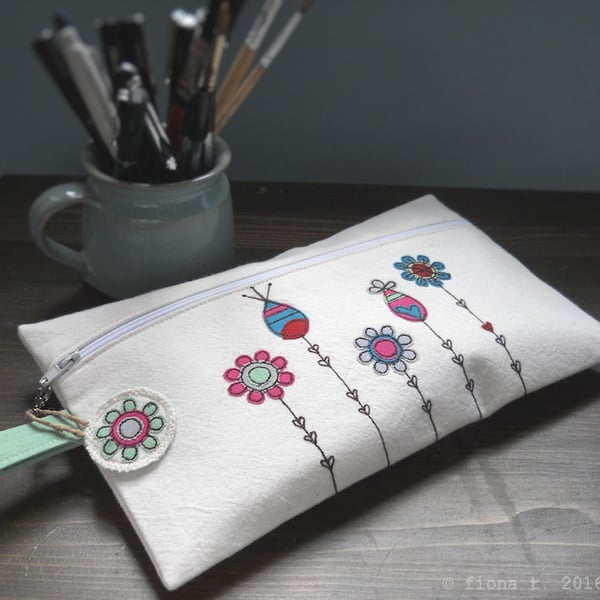 embroidered flowers large pencil case or make-u... - Folksy