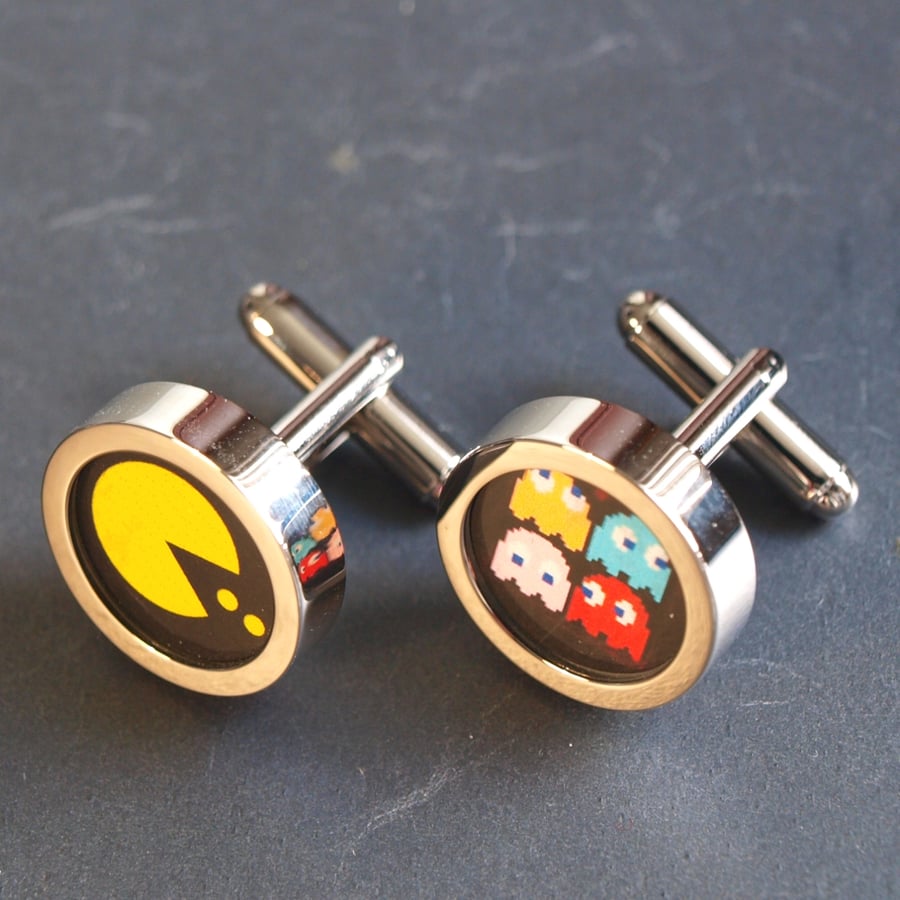 Pacman Cuff Links with Monsters Retro Cufflinks... - Folksy