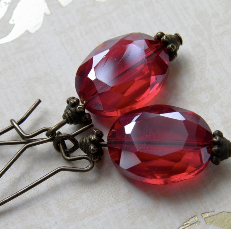 Ruby Red Earrings Vintage Style - Folksy