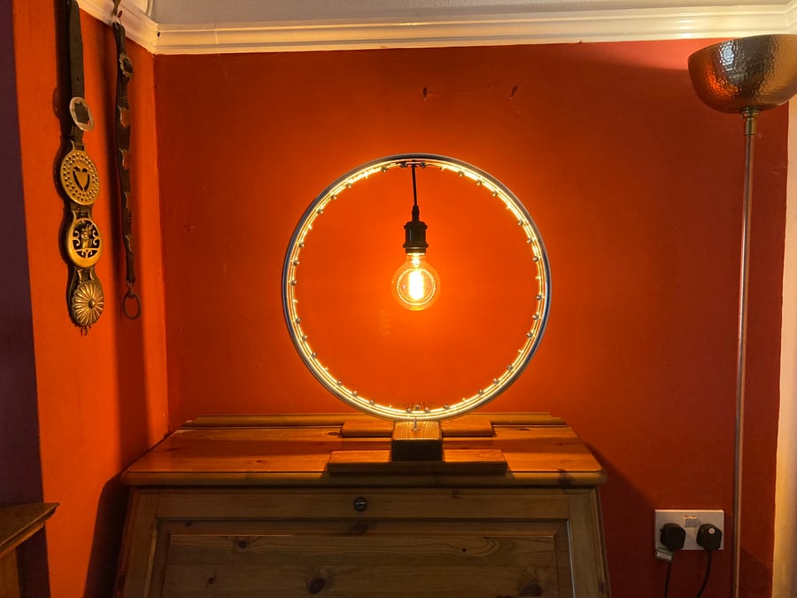 Chrome Table Lamp, Upcycled Motorbike Wheel Rim - Folksy