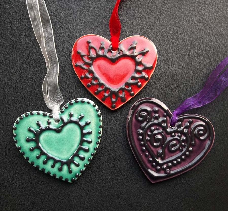 Set of three ceramic heart decorations - Folksy