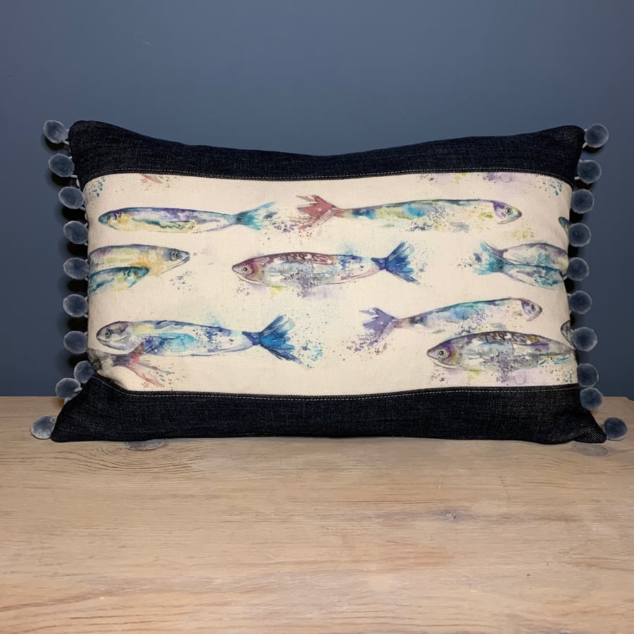 Sardines and reclaimed denim cushion cover - Folksy