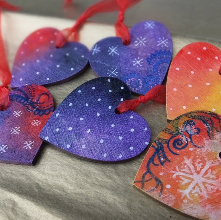 Heart shaped pair of bright handpainted Christm... - Folksy