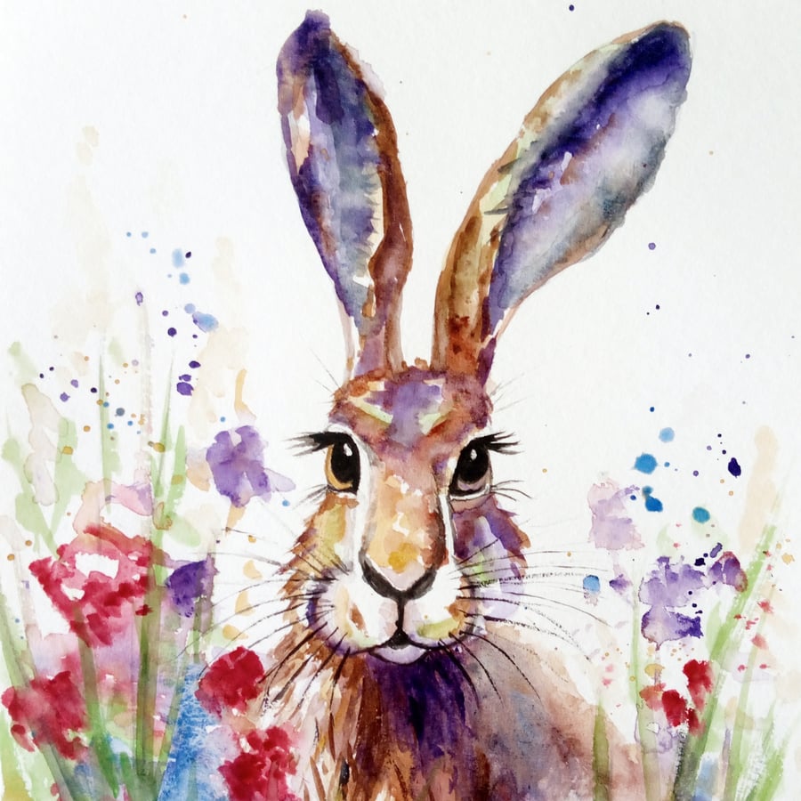 Hare and Flowers Original Painting - Folksy Hare and Flowers Original Painting - Folksy