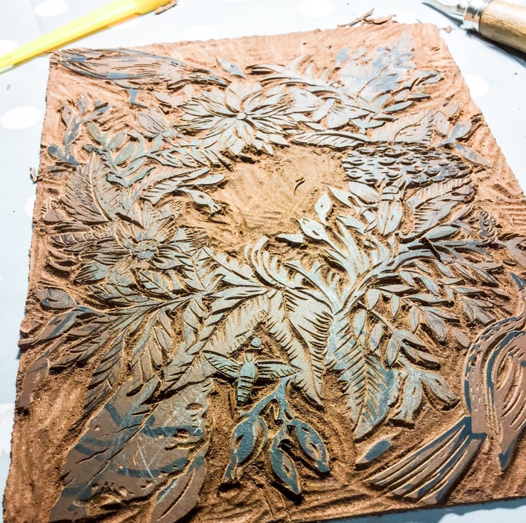 Linocut and watercolour floral wreath - Folksy