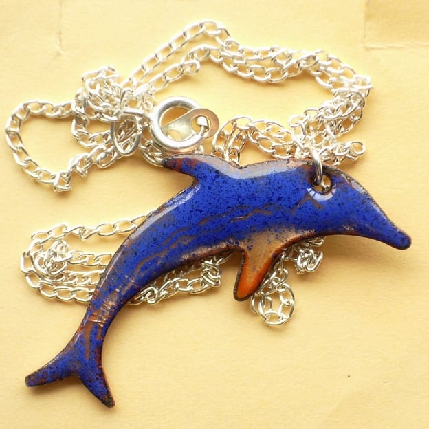 blue and golden-brown dolphin pendant - Folksy