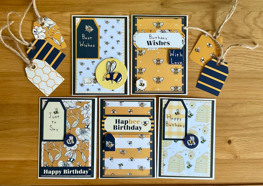 Cards. Set of five bee themed birthday cards an... - Folksy