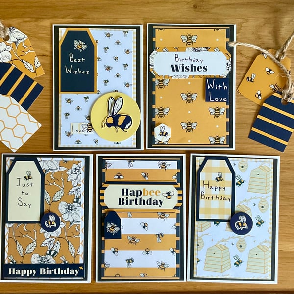Cards. Set of five bee themed birthday cards an... - Folksy