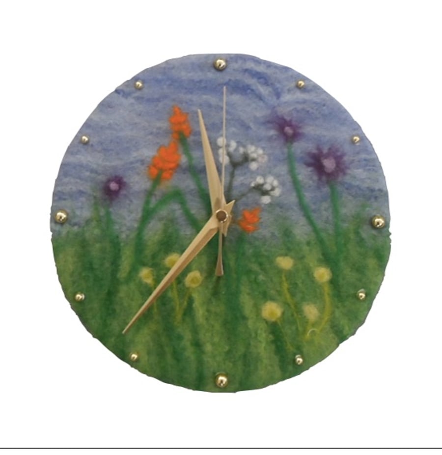 Hand felted clock 20cm with wild flower design - Folksy