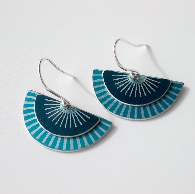 Fan earrings in teal with sunburst pattern - Folksy