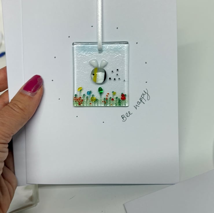 Fused glass keepsake bee happy card - Folksy