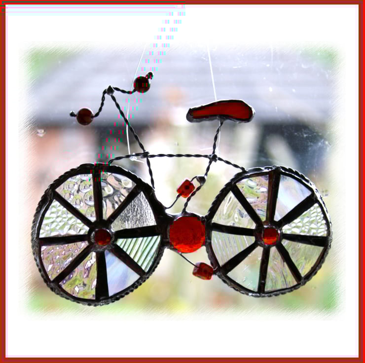 Bicycle Suncatcher Red Stained Glass Handmade T... - Folksy