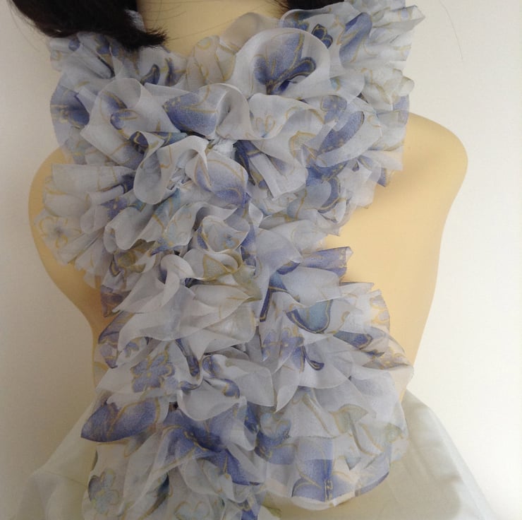 Knitted Frilly Ribbon Scarf in White & Blue - Folksy