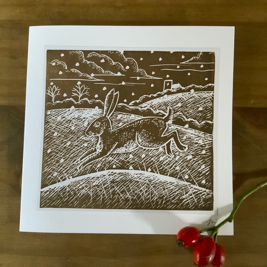 Winter Hare lino print card, a hand printed lin... - Folksy