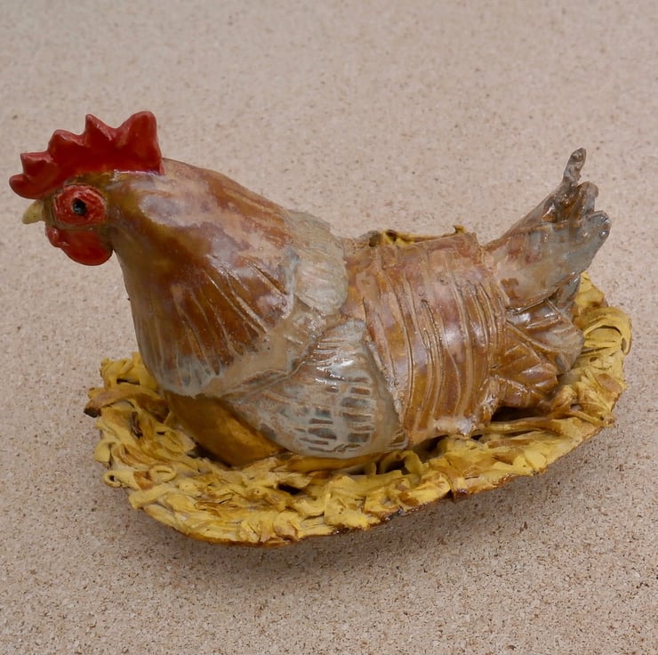 Golden brown hen in nest ceramic figurine - cer... - Folksy