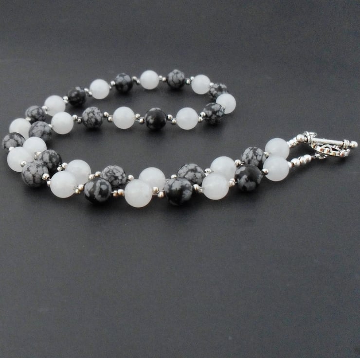 Snowflake obsidian & white jade necklace - Folksy