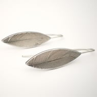 Feather Imprint Long Silver Earrings - Folksy