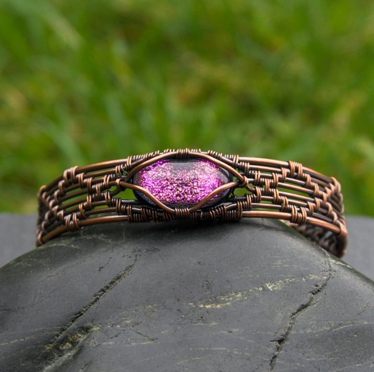 Copper Wire Wrapped Cuff with Purple Dichroic G... - Folksy