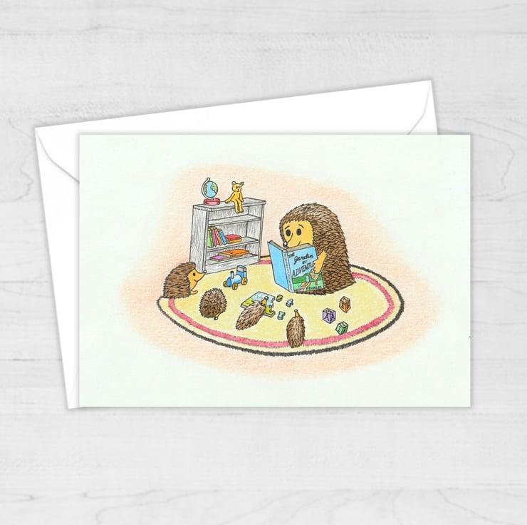 Hedgehogs Storytime Greeting Card - Cute Pencil... - Folksy