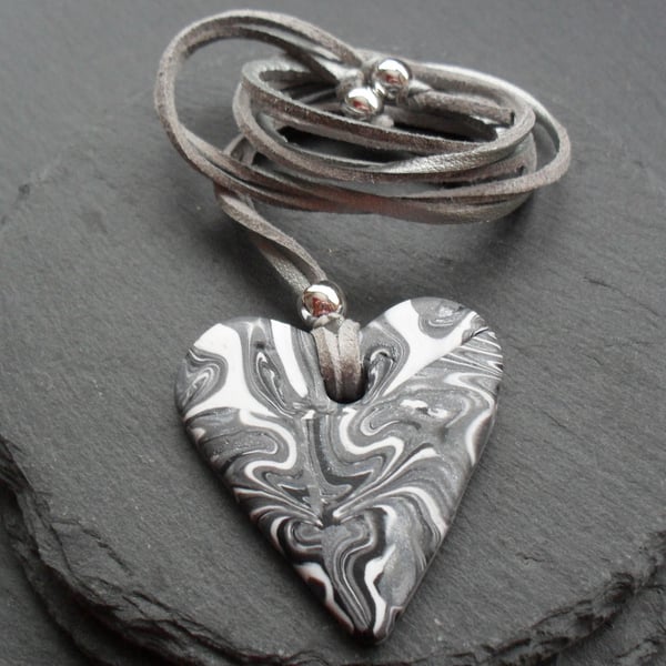 Black White and Silver Heart Polymer Clay Pend... - Folksy