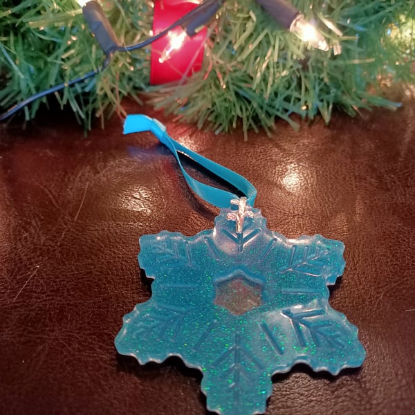 Blue resin snowflake with sparkles Christmas de... - Folksy