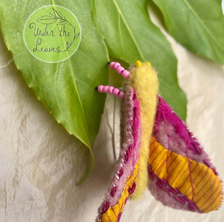 Hand embroidered rosey maple moth bespoke brooc... - Folksy