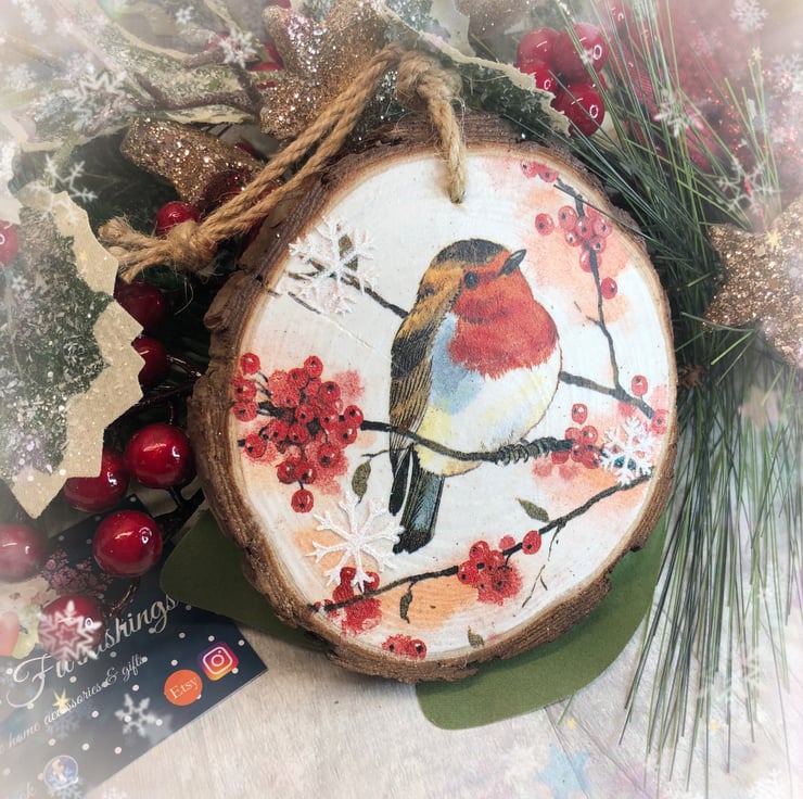 Christmas Robin rustic log slice Christmas tree... - Folksy