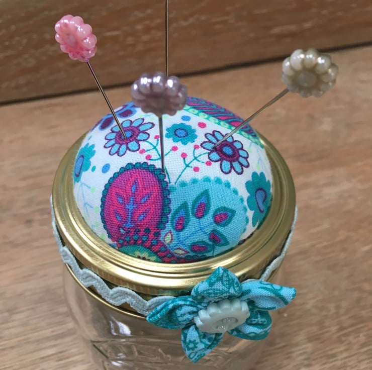 Pin Cushion Jar with flower - Folksy