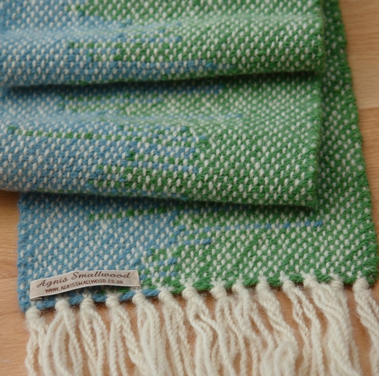 Hand Woven Wool Table Runner - Green and Blue - Folksy
